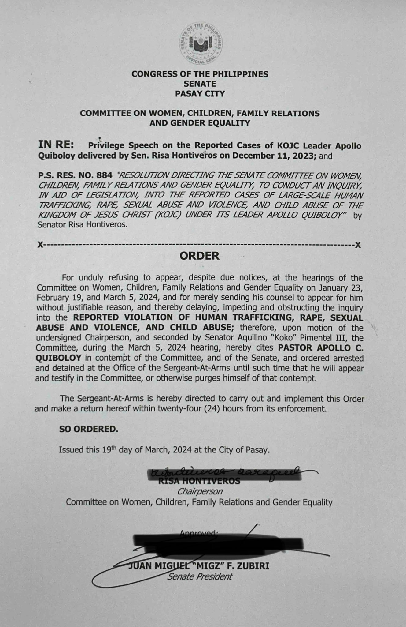 Pastor Apollo Quiboloy ordered arrested and detained by Senate committee